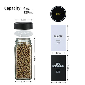GMAMXD 24 Glass Spice Jars with Labels,Spice Jar Set,4oz Seasoning Containers,Spice Containers with Black Airtight Lids and Shaker Lids,Square Empty Spice Bottles, 492 Labels,2 Marker Pens,1 Funnel