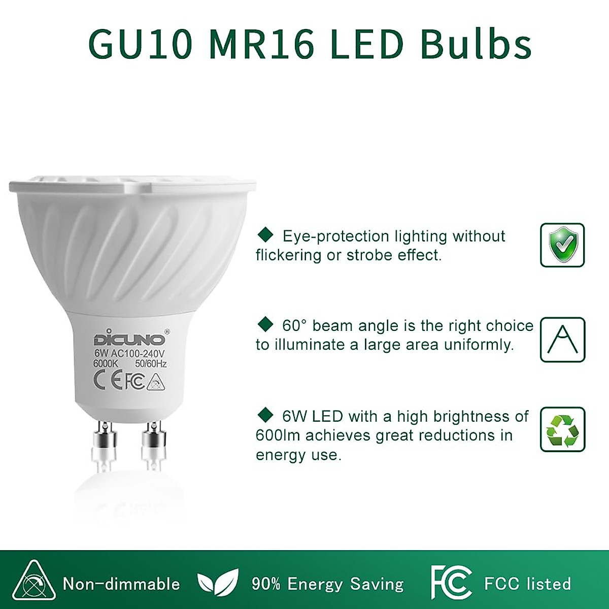DiCUNO GU10 LED Light Bulb, 60W Halogen Bulbs Equivalent, 6W 600LM, 6000K Daylight White,100V-240V Non-dimmable GU10 Mr16 LED Bulbs, 10-Pack.