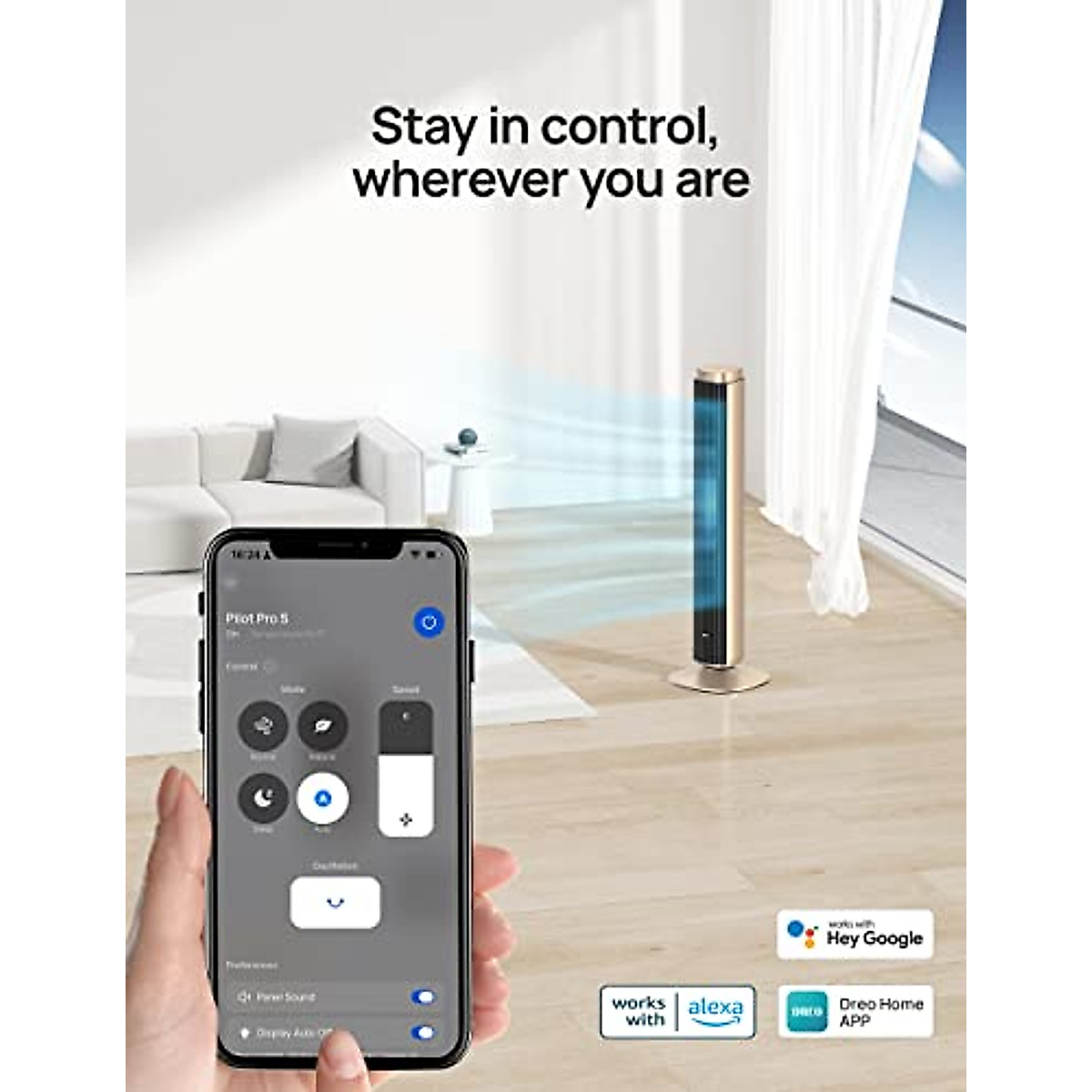 Dreo Tower Fan Smart Voice Control, 25 DB Quiet DC Portable Bladeless Fan, 90° Oscillating, 12H Timer, 42 Inch Floor Fans & Smart Tower Fan Voice Control, 120° Oscillating Fan Works