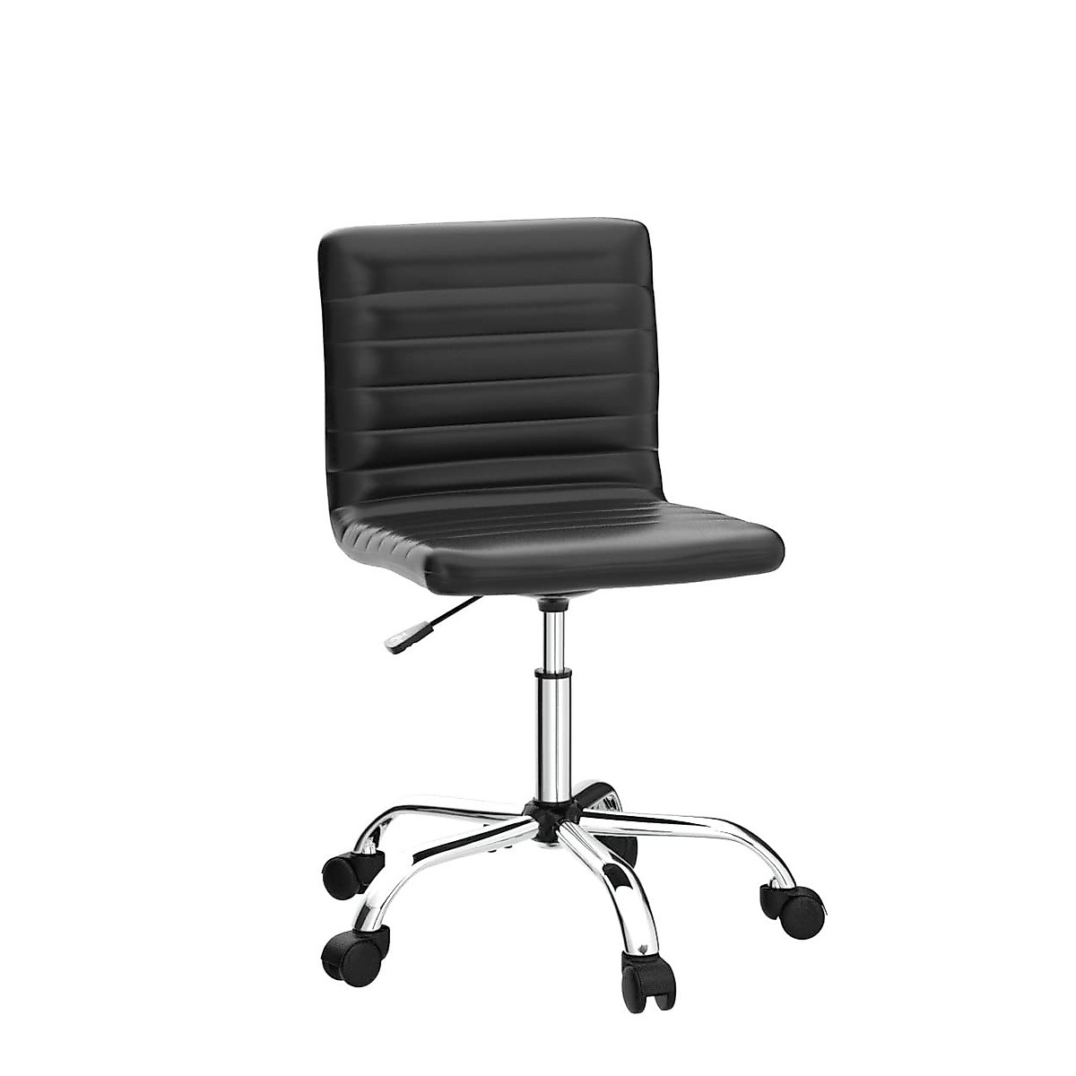 MCQ Armless Ribbed Home Desk Wheels, Faux Leather Office Adjustable Task, Mid Back Swivel Computer Chair, Jet Black