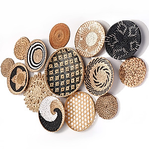 Nuenen Set of 14 Boho Wall Basket Decor, Hanging Woven Wall Basket Decoration, Rustic Wall Decor Handcrafted Hanging Kitchen Baskets for Farmhouse Bedroom Room Decor(Retro Color)