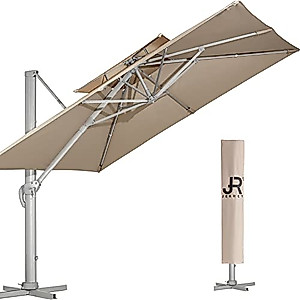 JEAREY 11FT All-Aluminum Cantilever Patio Umbrella Deluxe Large Outdoor Square Umbrella Double Top Offset Hanging Umbrella Heavy Duty Pool Umbrella with Brand Crank & 6 Gears Lift System for Deck Yard Patio Garden Lawn Market, Beige