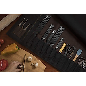Asaya Waxed Canvas Knife Roll - 15 Knife Slots, Card Holder and Large Zippered Pocket - Genuine Leather, Cloth and Brass Buckles - for Chefs and Culinary Students - Knives Not Included