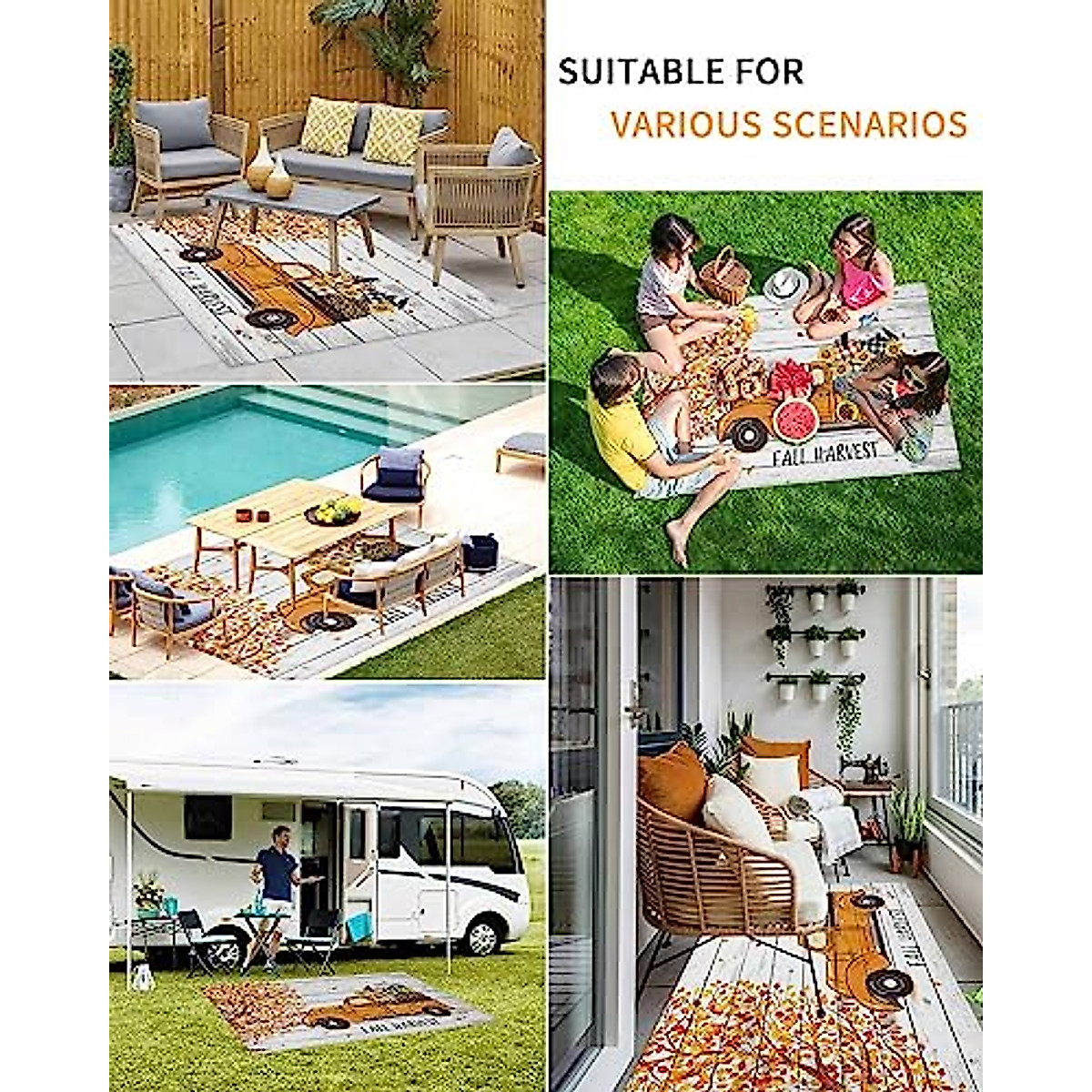 Outdoor Area Rug for Patio,Thanksgiving Autumn Farm Truck Pumpkins Camping Rugs Indoor Large Floor Mat 4x6ft,Fall Orange Leaf Flowers on Wooden Outside Carpet for Deck RV Picnic Porch Backyard