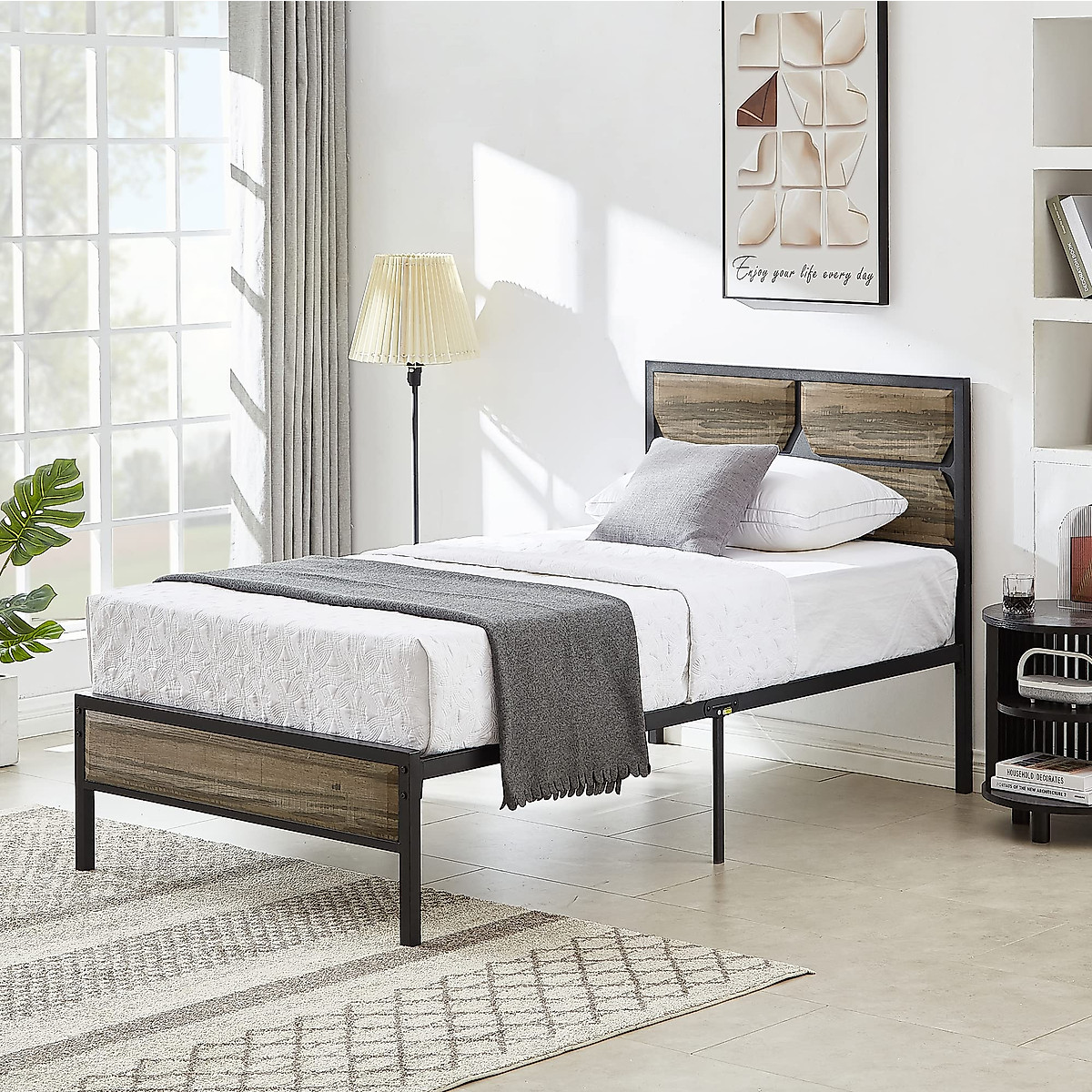 VECELO Twin Bed Frame Metal Platform with Wooden Headboard & Footboard Mattress Foundation Strong Metal Slats Support No Box Spring Replacement/Easy Assemble