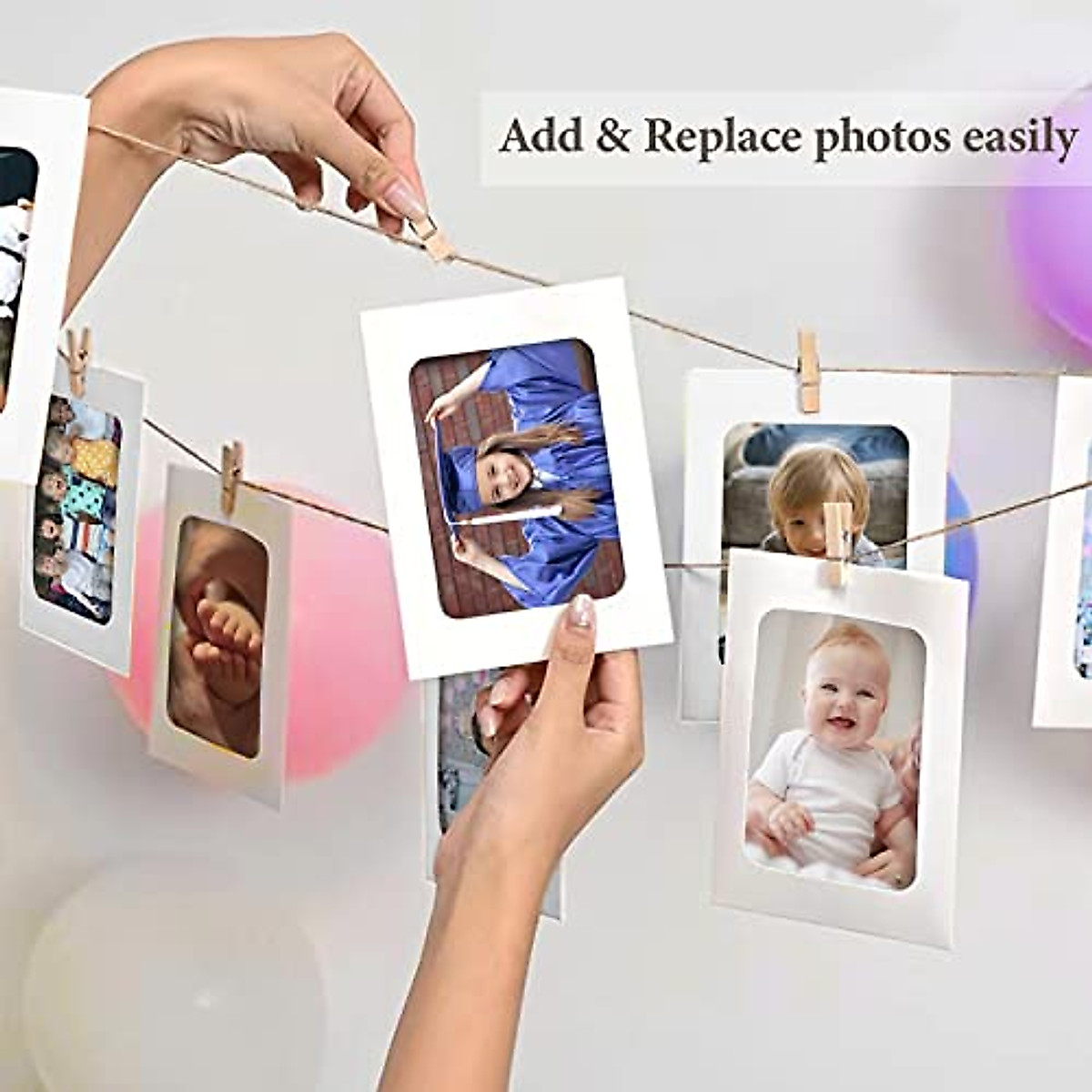 Emfogo Hanging Photo Display, Wood Picture Photo Frame for Wall DIY Decor 5 Strings with 30 Clips, Adjustable Twines fit Multi Pictures Frames Collage Organizer 35 x 35 inch