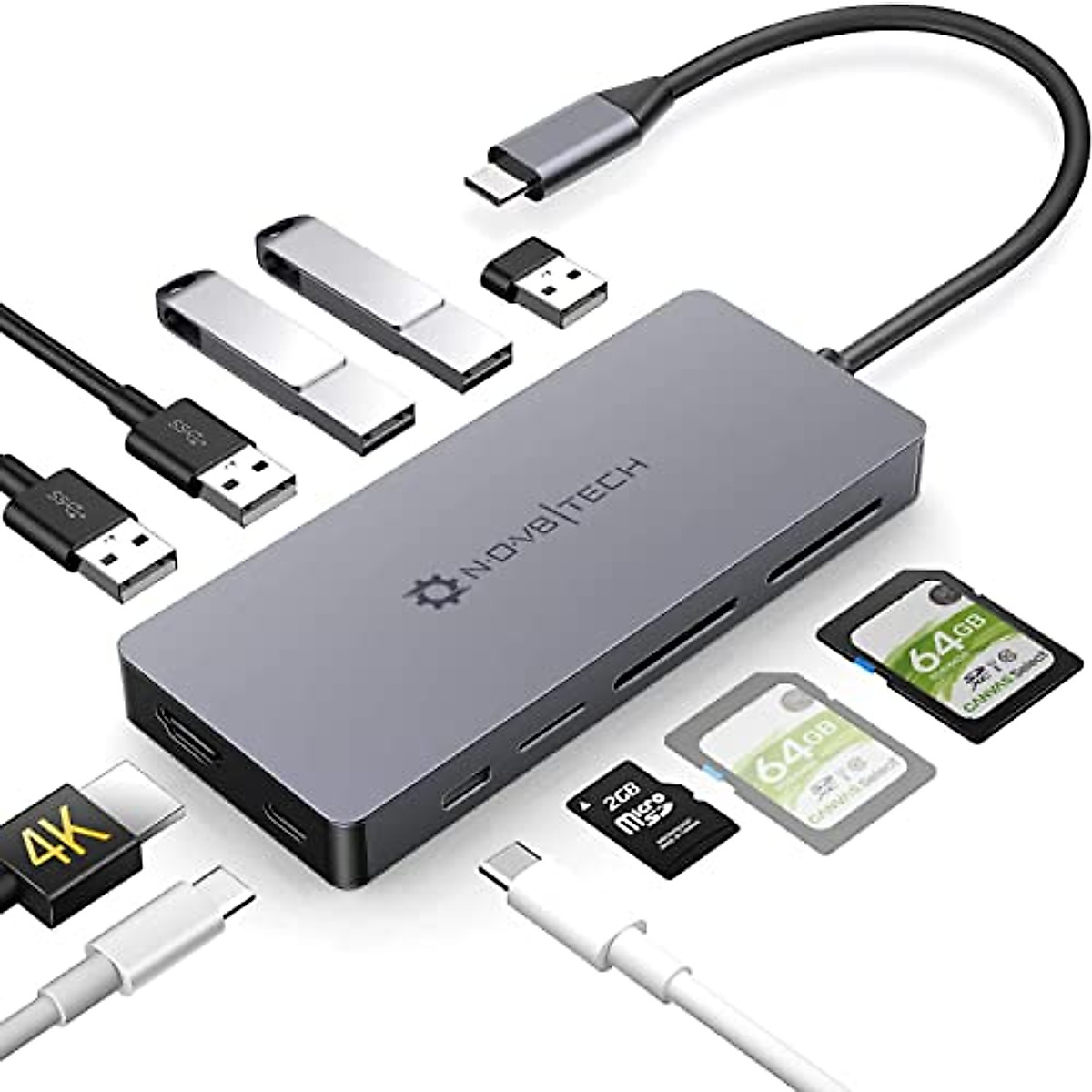 NOV8Tech USB C Hub, 11 in 1 USB Hub 3.0 Adapter Dongle for M1 MacBook Pro Air, Windows Laptop and Other Type C Devices, 4K HDMI, 100W USB C Dock PD, Micro SD & 2X SD, 2X USB 3.0, 3X USB 2.0