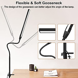 LED Desk Lamp with Touch Control, Gooseneck Clamp Lamp, Desk Light for Home Office, 3 Modes Stepless Dimmable Workbench Light for Working, Study, Reading, Dorms, Nightlight