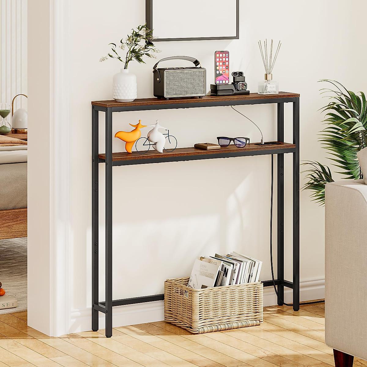 Snughome 2 Tier Narrow Console Sofa Table with LED Strip Light, 5.9" Long Skinny Behind Couch Table with Power Outlets, Narrow Tall Entryway Table for Living Room and Hallway, Rustic Brown