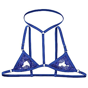 Men's Floral Hollow Out Strappy Bra Sissy Lace See Through Sheer Bralette Adjustable Straps Bikini Lingerie Top (Blue,Large)