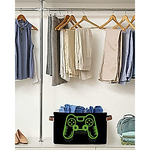 Gaming Cube Storage Organizer Bins with Handles,1PC 15x11x9.5 Inch Collapsible Canvas Cloth Fabric Storage Basket,Green Kids Game Video Games Gamepad Controller Black Kids' Toys Bin Boxes for Shelves