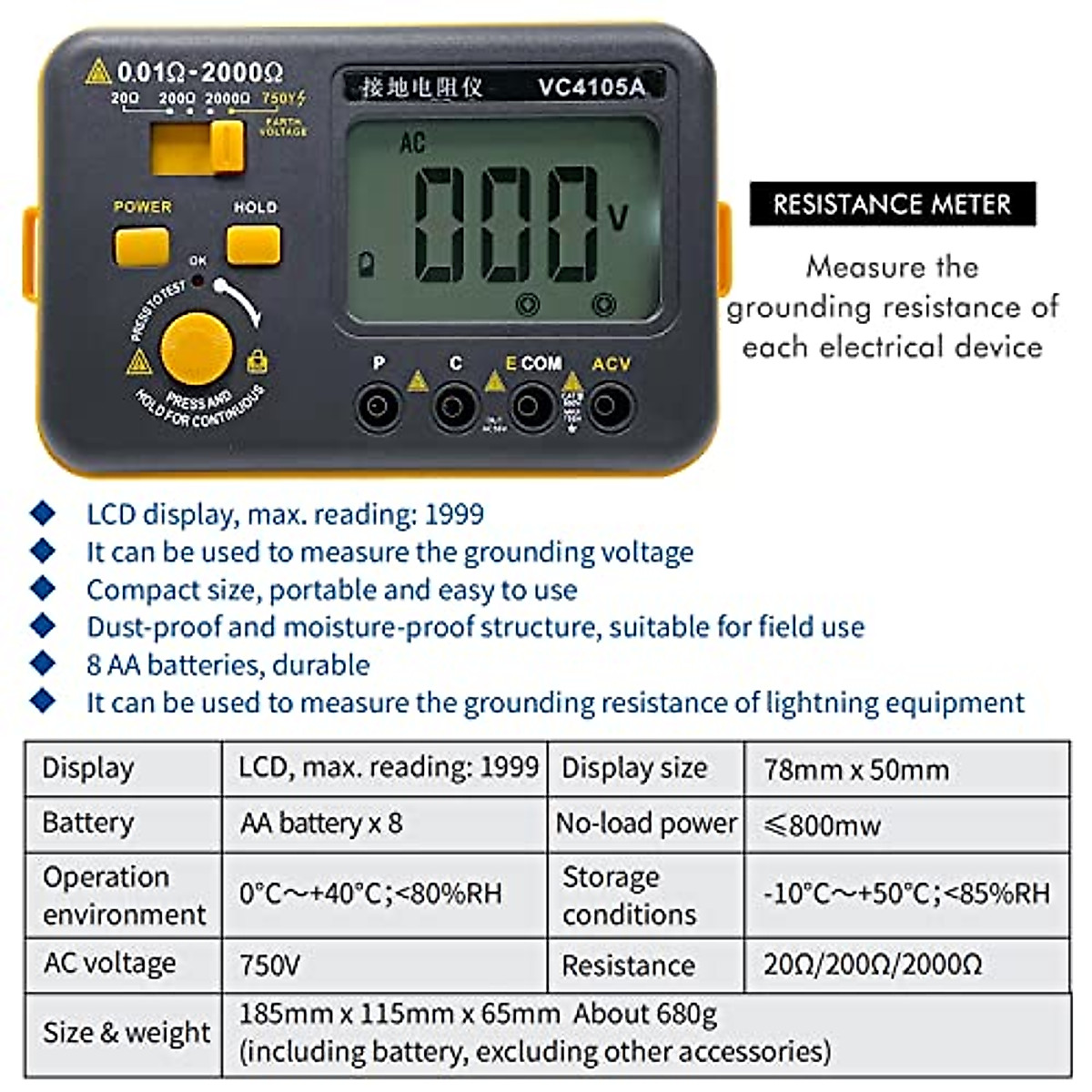 VC4105A Earth Resistance Tester Digital Grounding Resistance Meter 20/200/2000Ω Ground Resistance 750V AC Voltage Measure Backlight LCD Display Data Hold