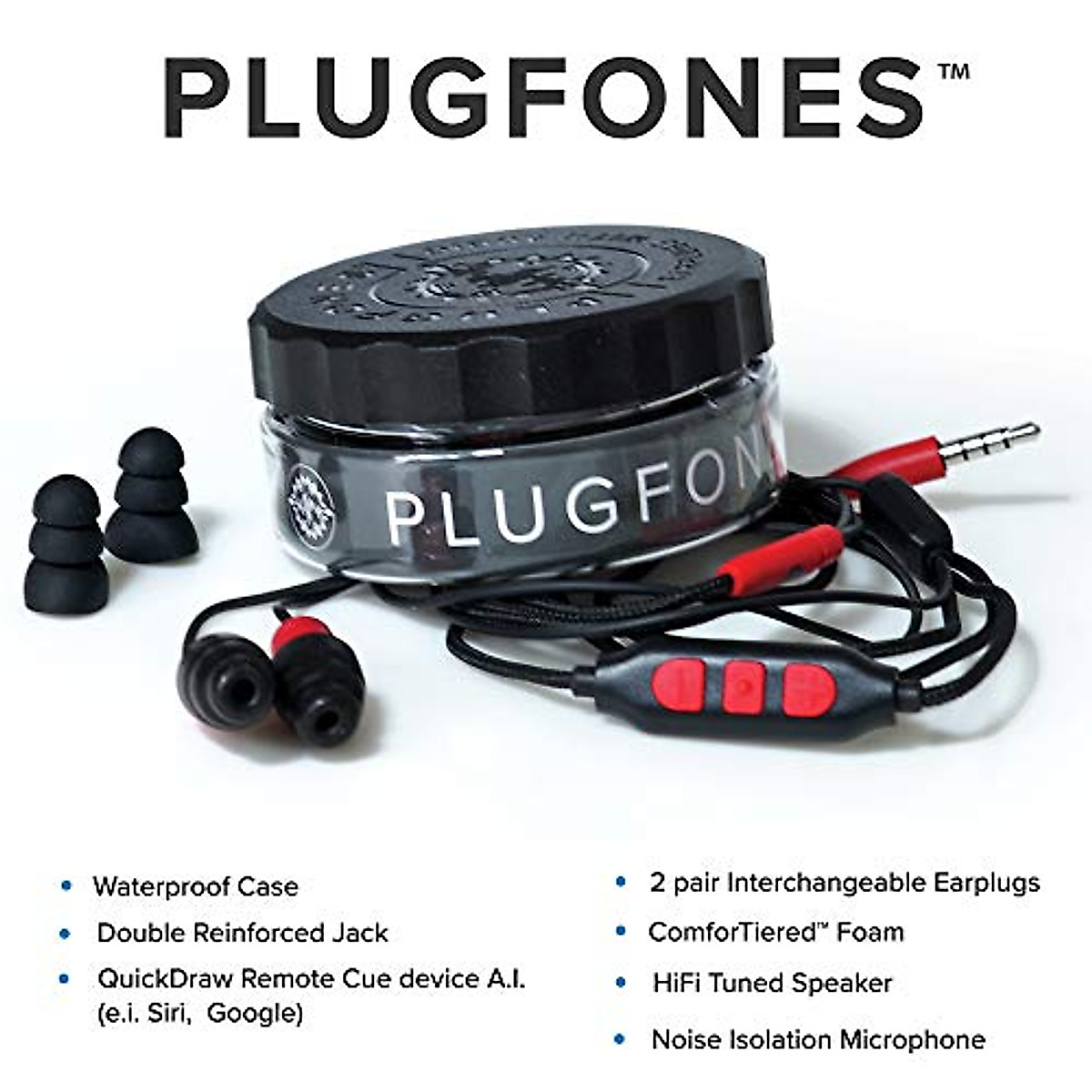 Plugfones Protector Plus VL in-Ear Earplug Earbuds, Noise Reduction Headphones with Noise Isolating Mic and Controls, Black & Red