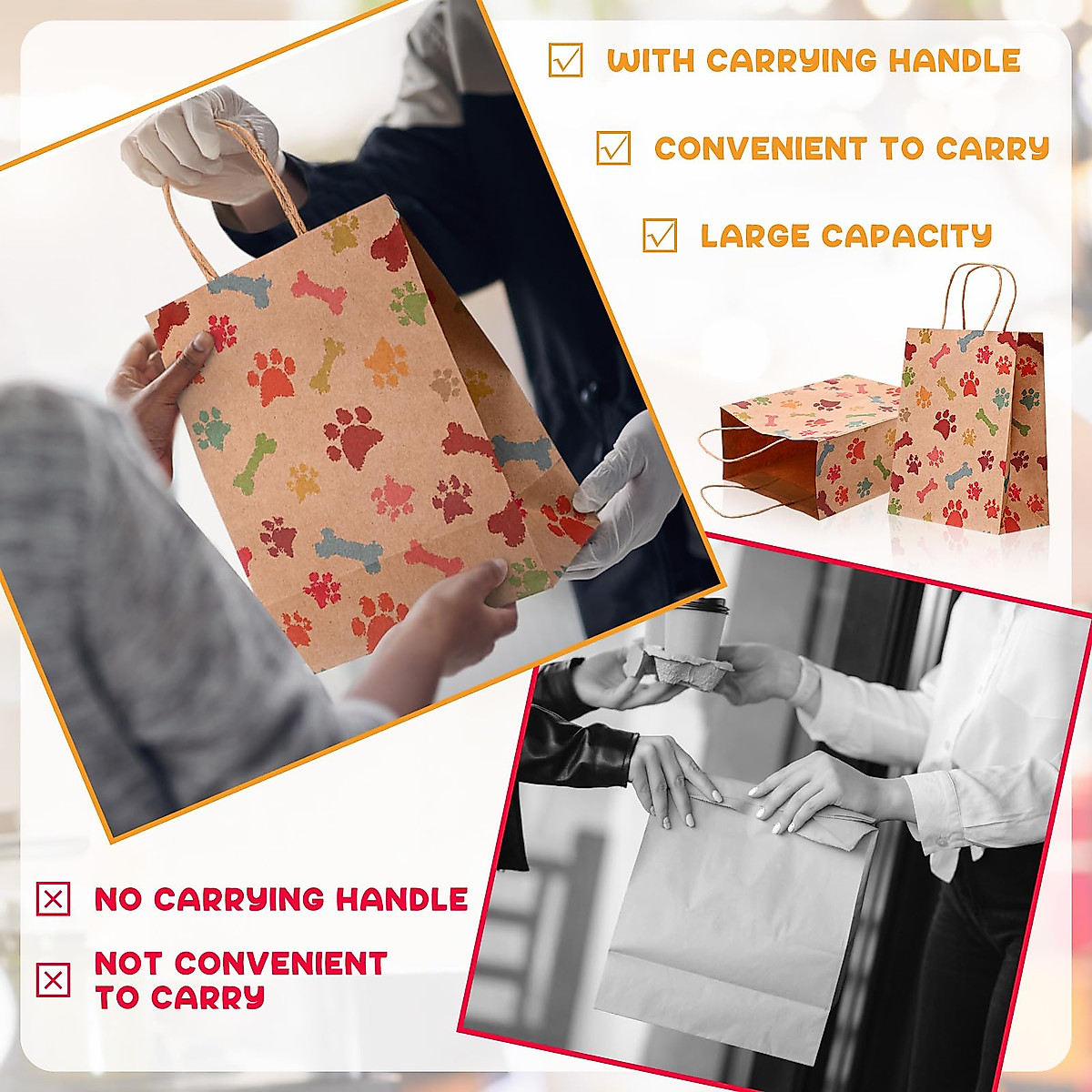 Locmeo 50 Pcs Puppy Dog Paw Print Gift Bags with Handles 10.6 x 8.3 x 4.3 Inch Paw Print Paper Bags Pet Gift Bags Kraft Bags Holiday Party Bags for Pet Treat Party Favor Birthday Gift(Yellow)