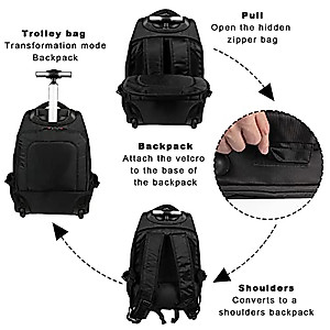 XCELLENT GLOBAL XG Rolling Backpack,19 inches Water Resistant Laptop Backpack with Wheels Stylish Carry on Laptop Bag Durable Quiet Wheels Packable Straps for Travel and Business Black