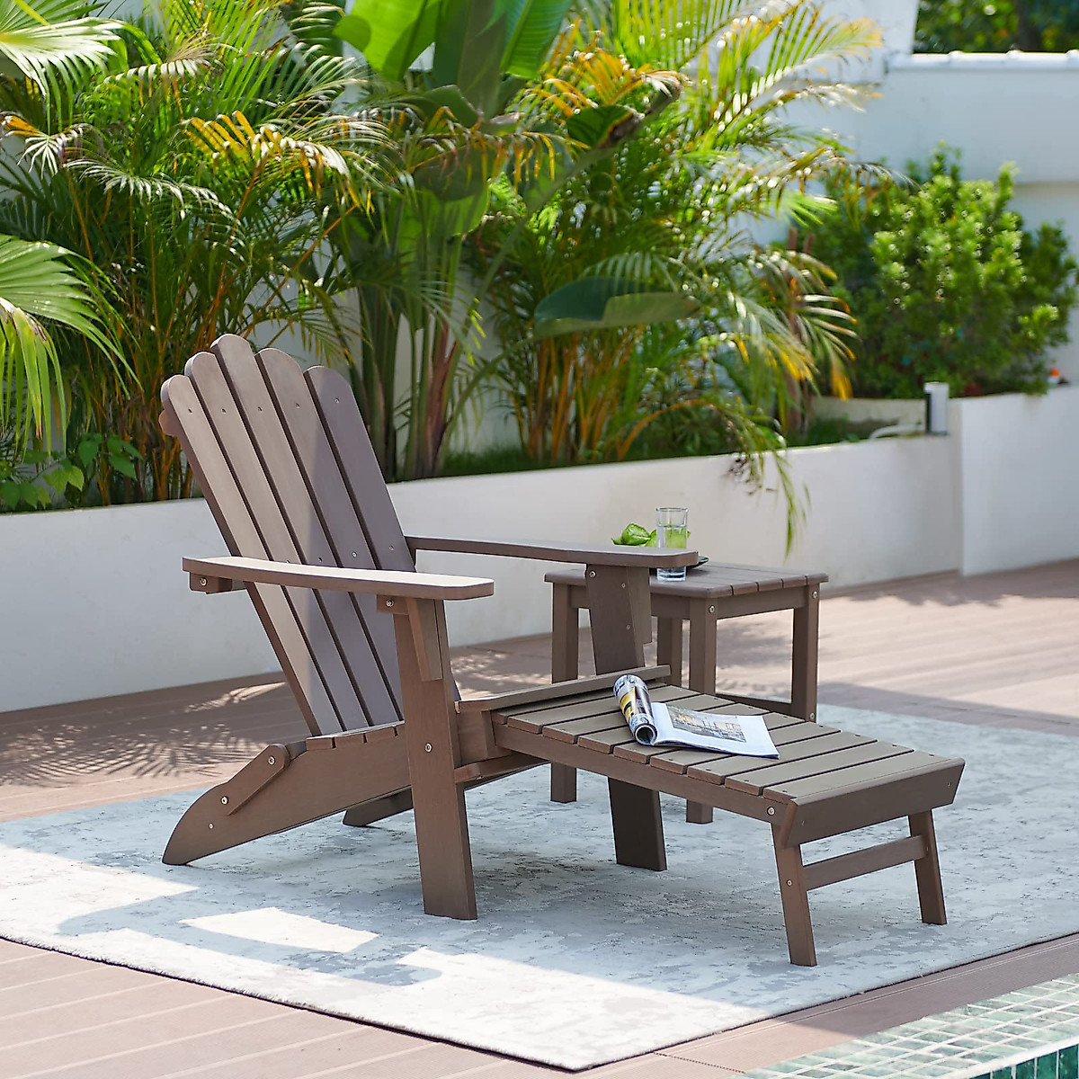 EFURDEN Adirondack Chair with Retractable Ottoman, Folding Adirondack Chair with Footrest, All Weather Poly Lumber Fire Pit Chair with Ottoman, All Weather Chair for Outdoor Brown