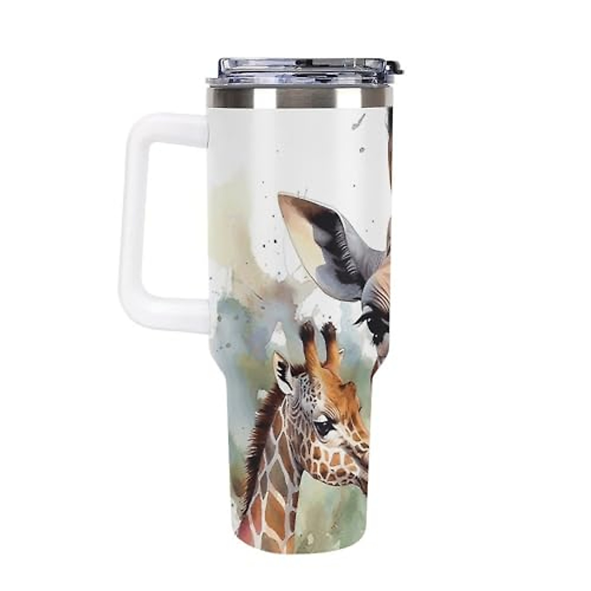 LLUTSNTH 40 Oz Vacuum Tumbler with White Handle Leakproof Insulated Tumbler Watercolor Deer Giraffe Stainless Steel Travel Mug with Lid And Straw Coffee Cup Cute Water Bottles Cup Holder Friendly