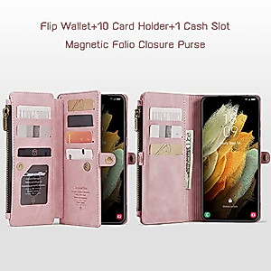 Defencase Samsung Galaxy S22 Plus/ S22+ Case, Samsung S22 Plus Wallet Case for Women Men, PU Leather Magnetic Flip Strap Wristlet Zipper Card Holder Phone Case for Galaxy S22 Plus/ S22+ 5G, Rose Pink