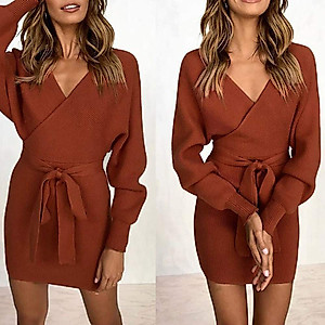 Shakumy Women Elegant Sexy V Neck Wrap Belted Batwing Long Sleeve Tunic Tops Dress Pencil Bodycon Knitted Mini Sweater Dress