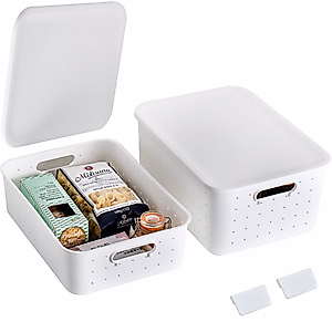 vacane Large Plastic Storage Baskets with Snap Lid, Extremely Durable, Storage Baskets for Organizing Stackable Storage Box with Handle for Closet Office, 14 x 10 x 8 inch, White