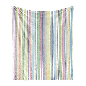 Ambesonne Pastel Soft Flannel Fleece Throw Blanket, Vertically Striped Pattern Different Colored Straight Lines Classical Old Fashioned, Cozy Plush for Indoor and Outdoor Use, 50" x 70", Pastel Colors