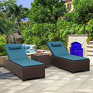 Outdoor Wicker Chaise Lounge Set, Patio, Poolside PE Rattan Lounge Chairs, Adjustable Reclining Chaise Loungers with Cushions and Matching Storage Table, Peacock Blue
