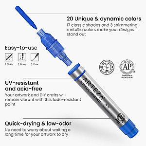 Arteza Acrylic Paint Markers, Set of 20 Acrylic Paint Pens in Assorted Colors, Art & Craft Supplies, Use on Canvases for Painting, Glass, Pottery, Plastic, and Rock