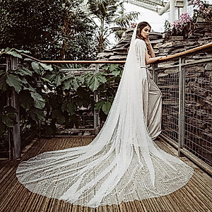 EllieWely Long Cathedral Length Pearl Wedding Bridal Veil With Metal Comb F07 3 M Ivory