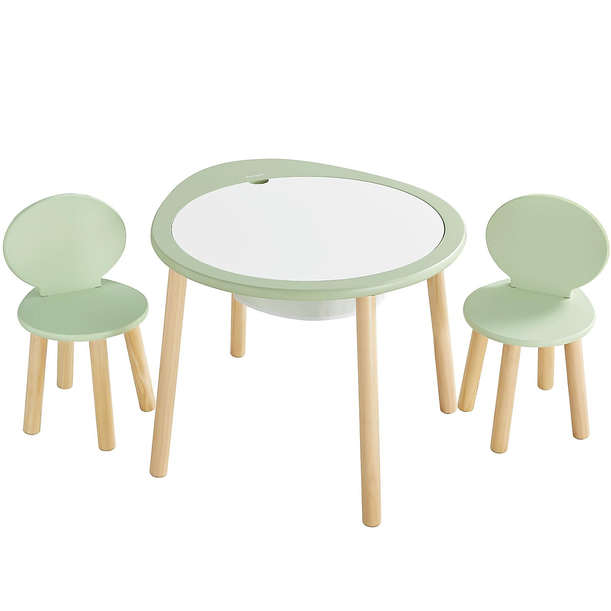 Beright Kids Table and Chairs Set, Kids Wooden Play Table with 2 Chairs, Kids Round Table for Toddlers, Suitable for Bedroom, Playroom and Kids' Room, with Removable Top Panel and Storage Bag, Green