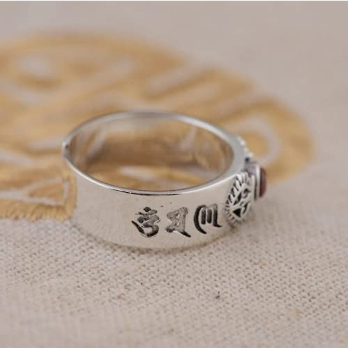 Pure Silver Ring, Buddhism six true word ,Sterling Silver 925 , Natural Garnet Gemstone, Adjustable open ring, Retro Folk style, unisex ring