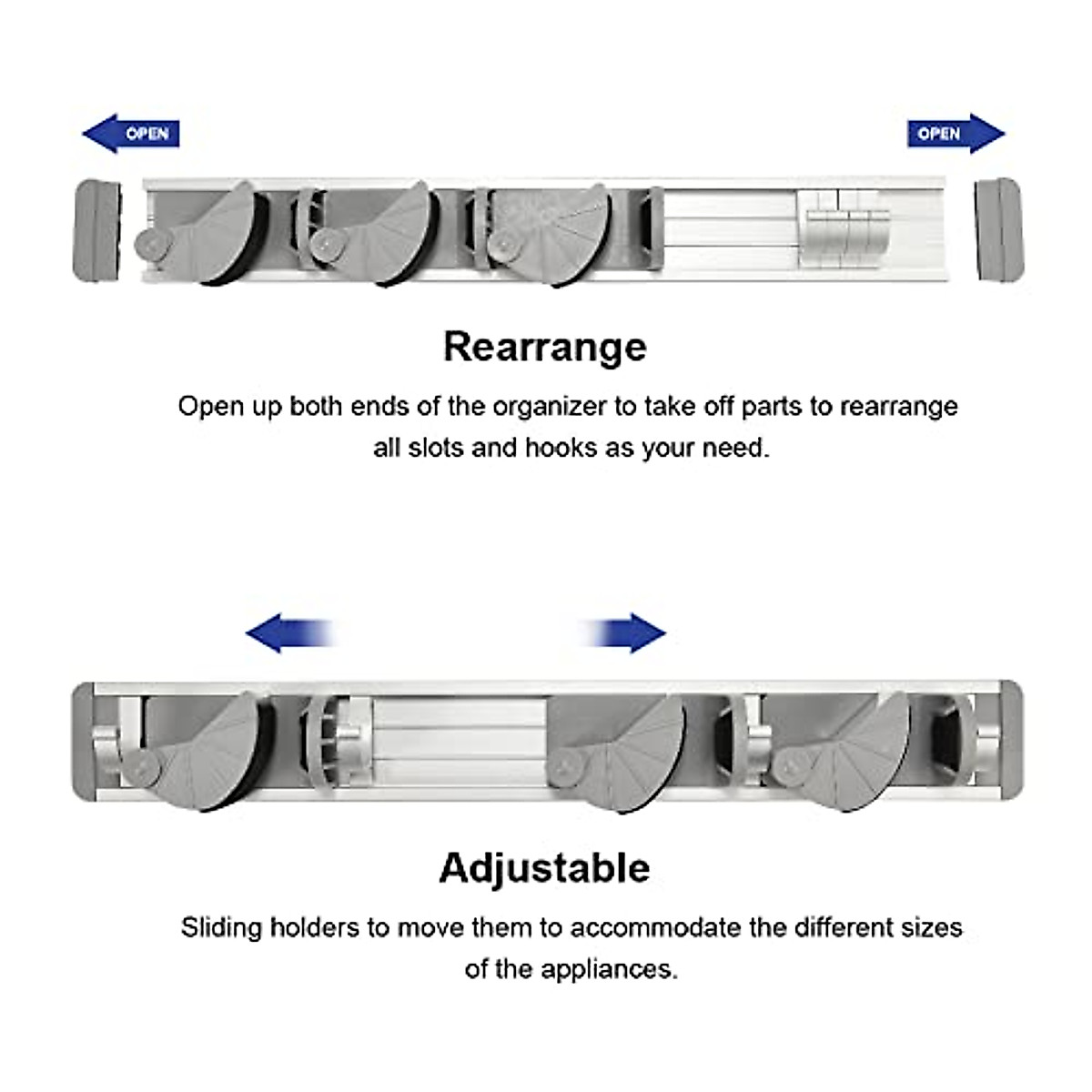 windson Mop Broom Holder Wall Mount-Adjustable Mop Broom Closet Organizer Racks for Kitchen, Garage, Home Tools Storage(3 Slots with 4 Hooks)