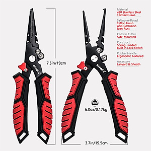 SAMSFX Fishing Pliers Fishing Gear with Rubber Handle, Lanyard, Braided Line Cutter and Sheath, Ice Fishing Gear, Fishing Gifts for Men (7.5'' Split Ring Nose Plier and Fishing Knot Tool)