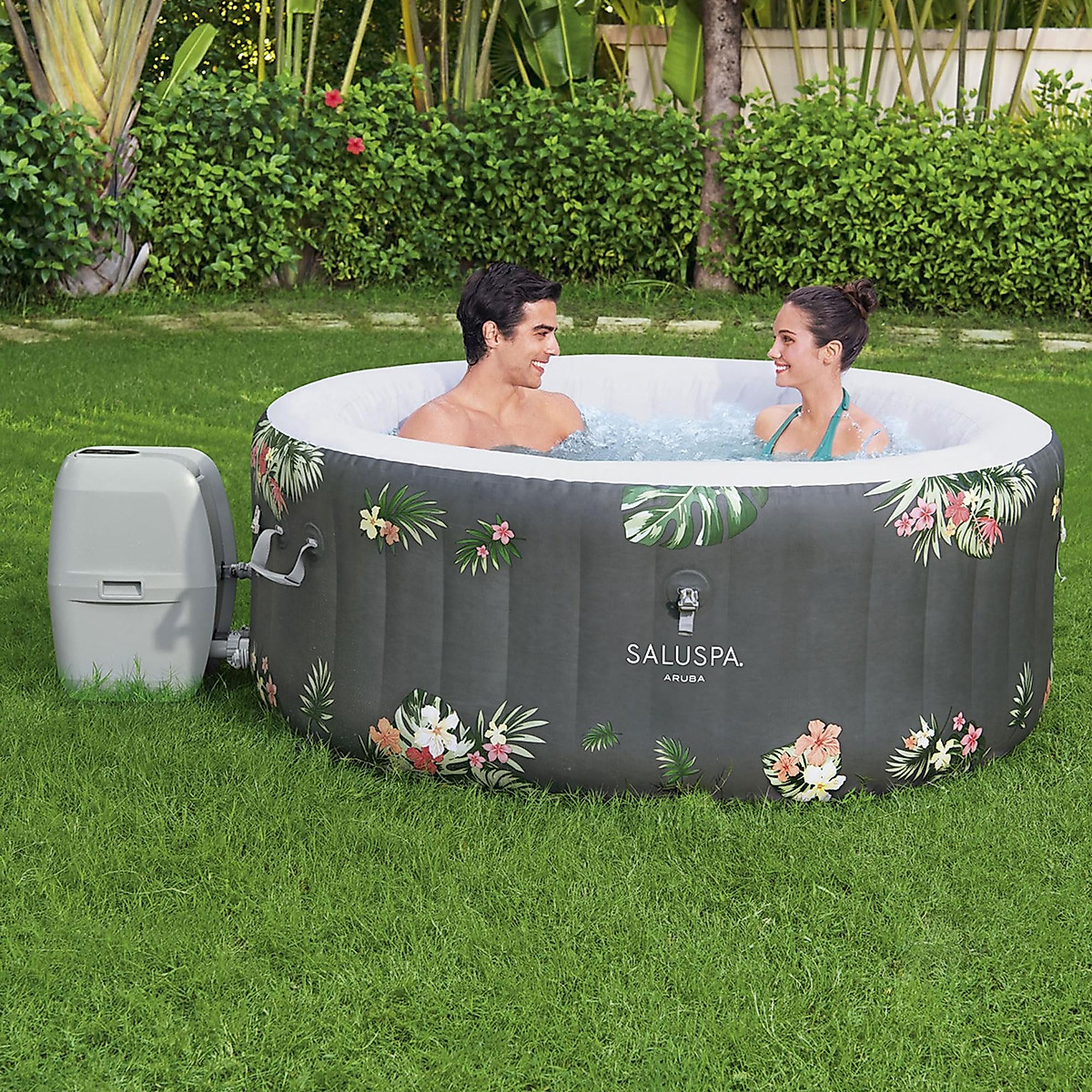 Bestway SaluSpa Aruba AirJet 2 to 3 Person Inflatable Hot Tub Round Portable Outdoor Spa with 110 Soothing Jets and Cover, Gray
