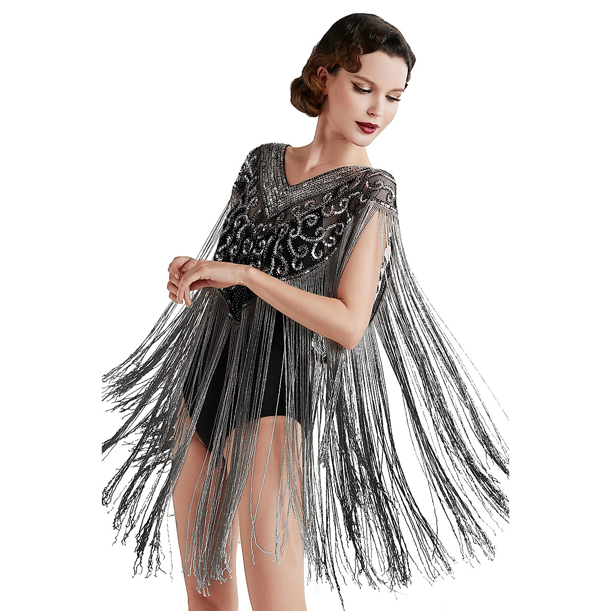 BABEYOND 1920s Shawl Wraps Long Fringed Evening Cape Sequin Beaded Party Shawl