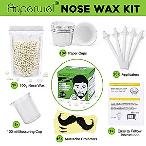 Auperwel Nose Wax Kit, 100g Nose Wax, 20 Blu Applicators, Nostril Waxing Kit for Men and Women Painless Hair Removal with 15 Mustache Guards, and 10 Paper Cups, Nose Ear Wax Kit with 15-20 Uses