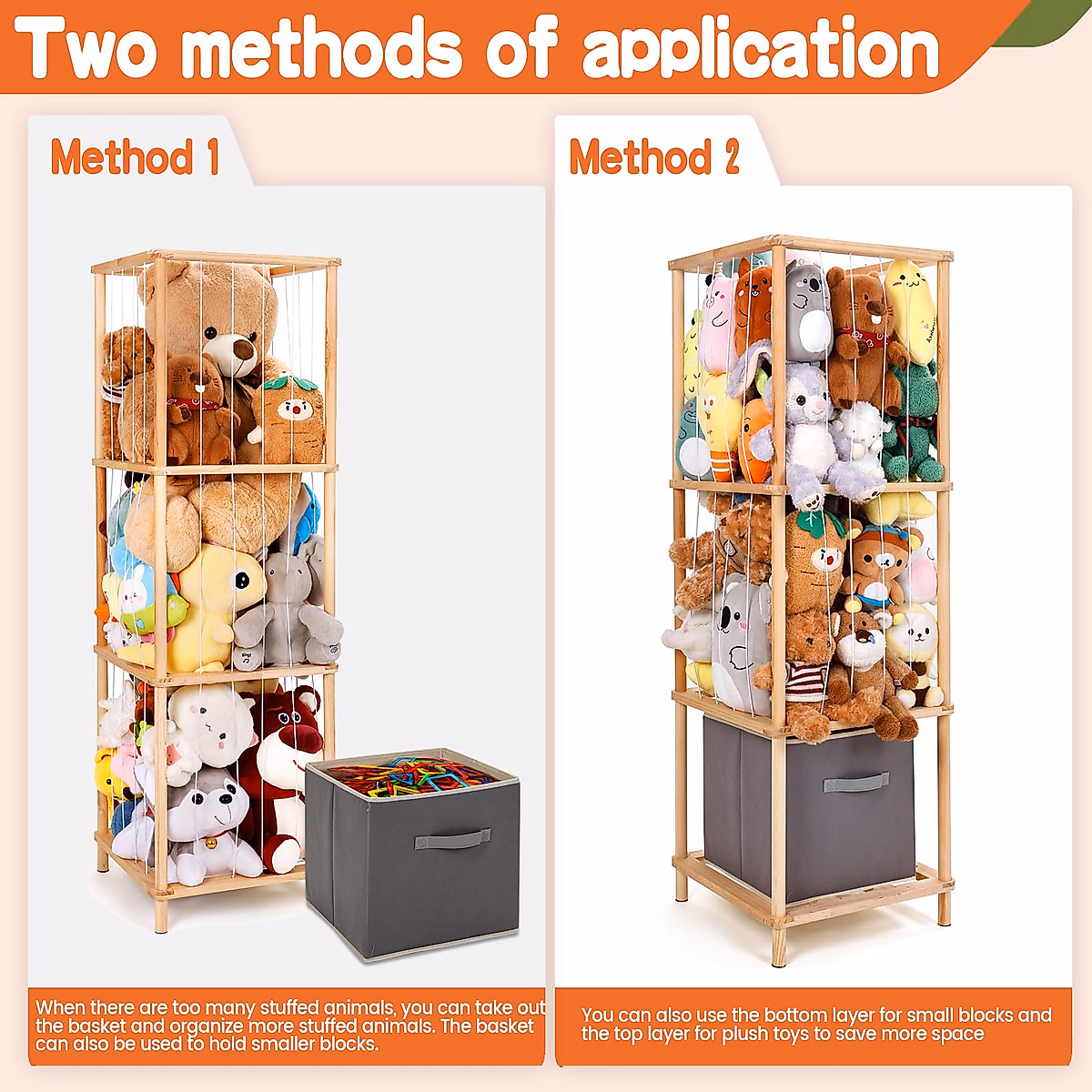 ACEPRUT Wood Stuffed Animal Storage Holder with Storage Basket, Space Save Three Tier Vertical Large Stuffed Animal Zoo Organizer for Playroom Bedroom, Toy Storage Birthday Gifts for Kids