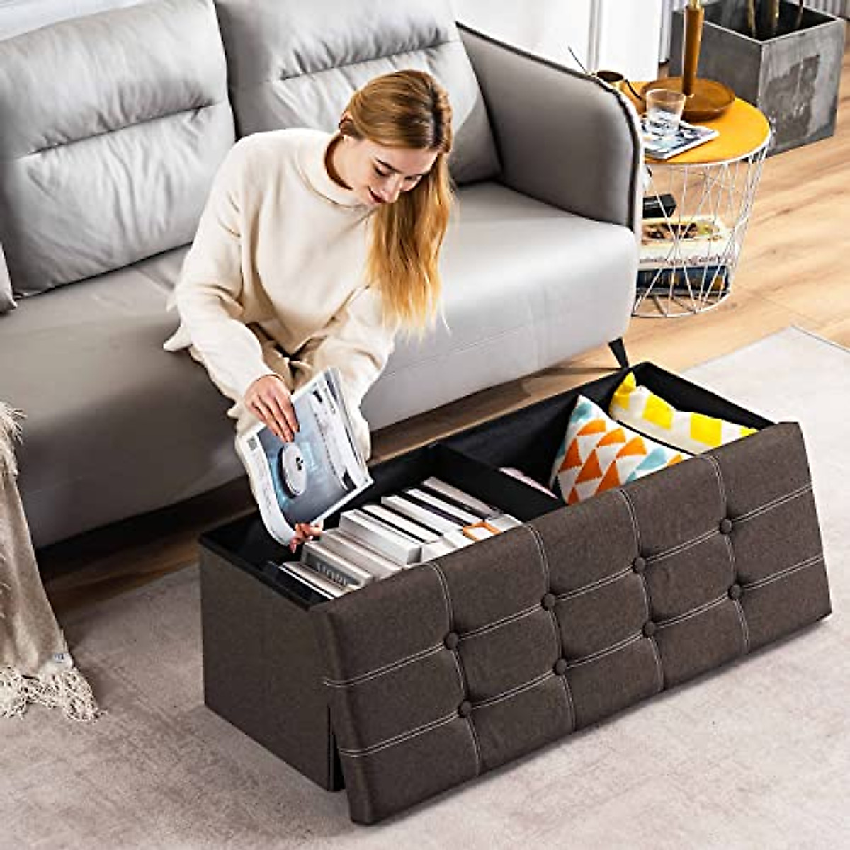 YOUDENOVA 43 Inches Folding Storage Ottoman Bench, Storage Chest Foot Rest Stool with Wooden Divider, Bed End Bench with 120L Large Storage Space, Linen Fabric Brown