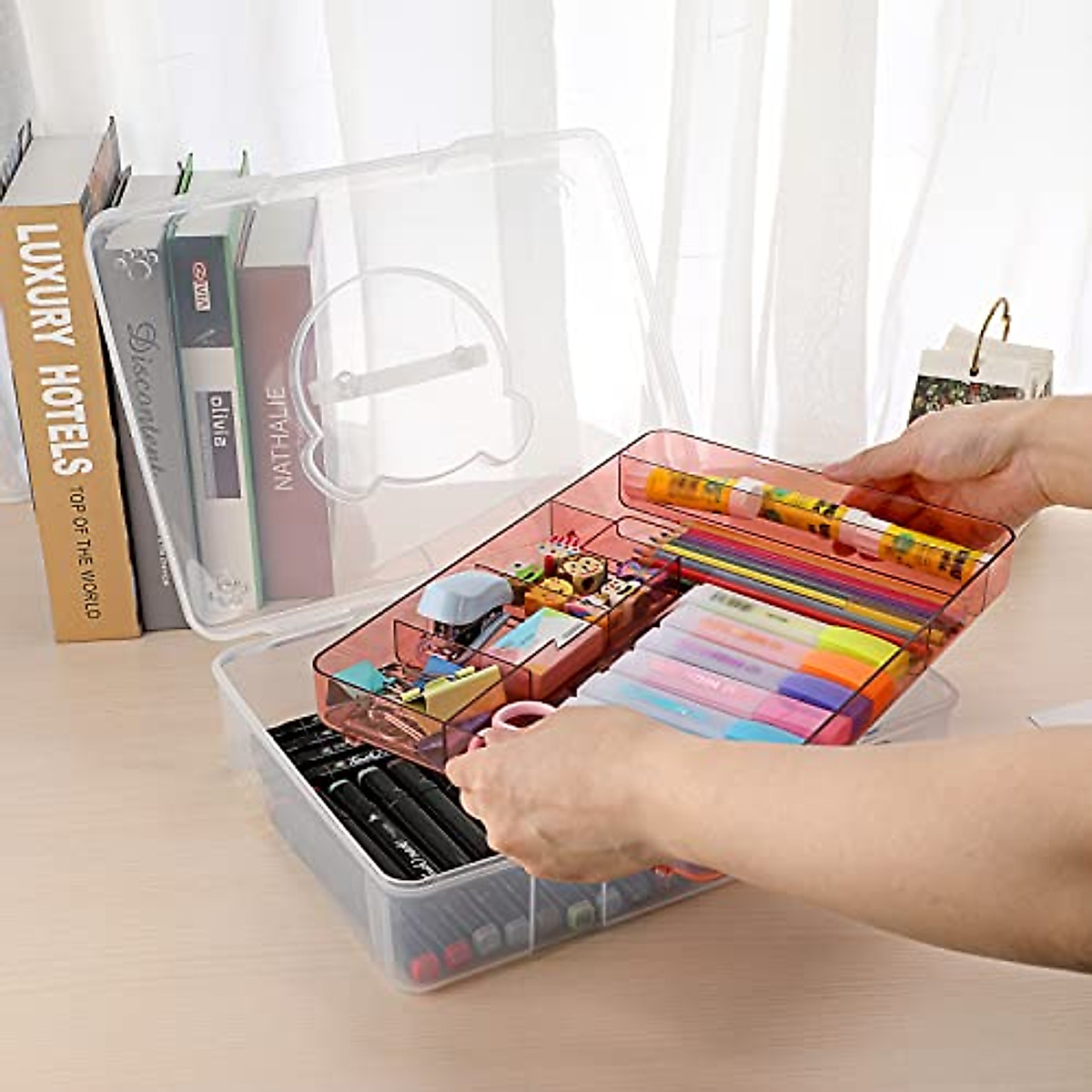 BTSKY 2-Tier Cute Bear Storage Box with Removable Divided Tray Portable Clear Plastic Art Craft Supply Organizer Stackable Home Office Supplies Storage Container for Pens Notes A4 papers etc (Pink)