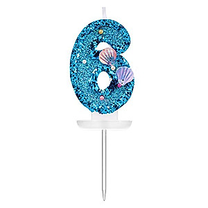 3 Inch Birthday Number Candle, Blue Shell Sequins Number Candles Glitter Number Candle Cake Numeral Candles Cake Topper for Birthday Anniversary Mermaid Themed Party (6)