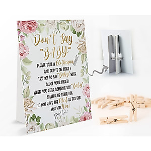 Don't Say Baby Baby Shower Game, Don't Say Baby Sign(Sign 8x10 Inch), Leafy Floral, 1 Standing Sign + 50 Clothespins(ds16)