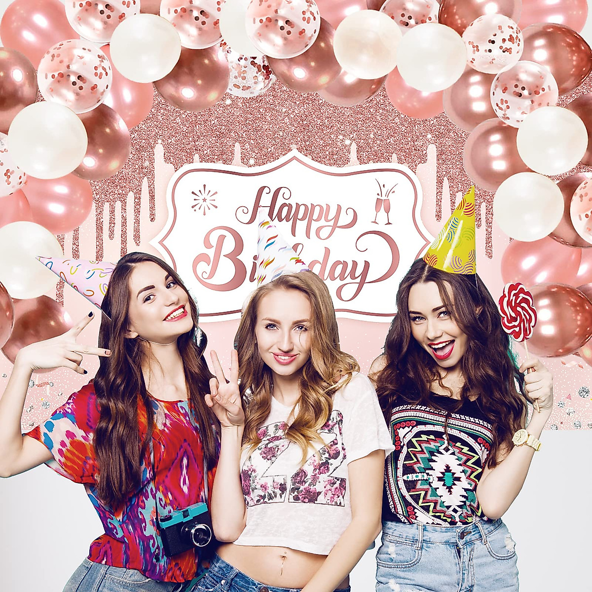 Rose Gold Birthday Decorations, Happy Birthday Backdrop, 50 Pieces Balloons Set, Rose Gold, Pink, White, Confetti, Rose Gold Photography Backdrop Banner for Girls Women Birthday Party