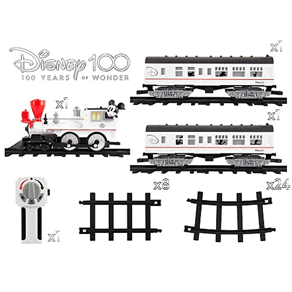 Lionel Disney100 Celebration Ready-to-Play Battery Powered Model Train Set with Remote, White, Black, Red, Large