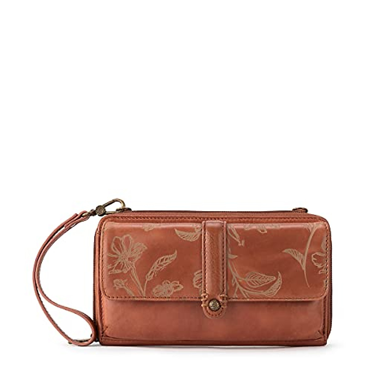 The Sak Sequoia Leather Smartphone Flap Crossbody, Chestnut Floral Etch