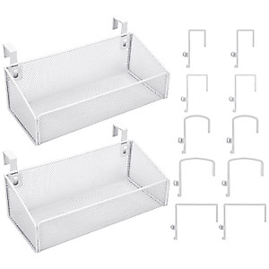 Rtteri 2 Sets Bedside Shelf Bed Metal Storage Basket Bunk Bed Shelf with 10 Pair 5 Different Size Hooks Bed Side Organizer Caddy Hanging Organizer for Home Office Desk Phone Book(White)