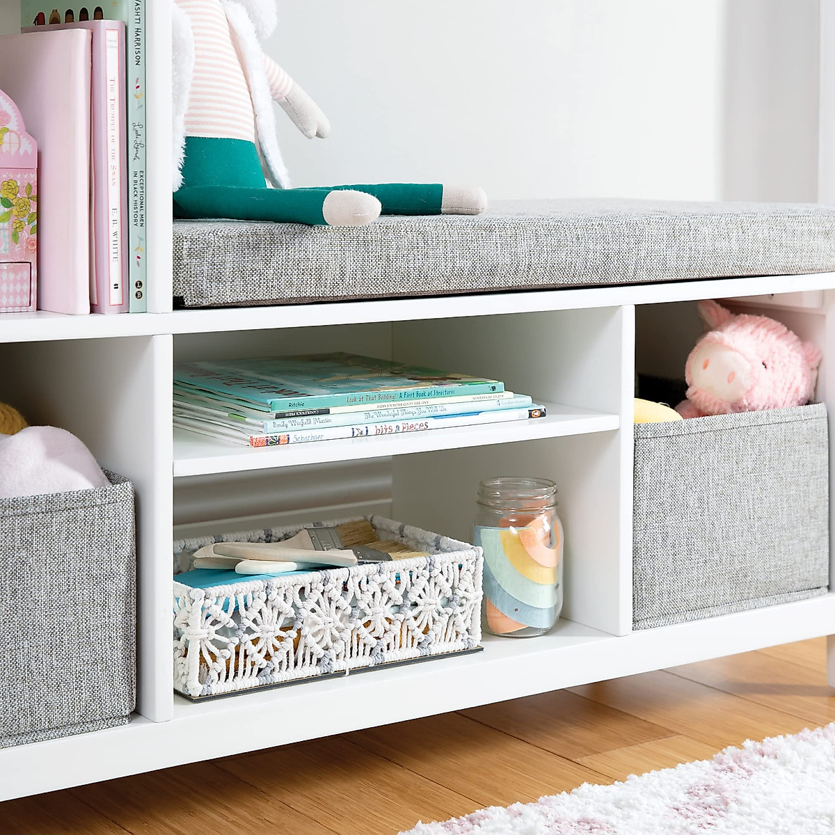 Martha Stewart Kids' Jr. Reading Nook with Bins - Creamy White: Kids Wood Bookshelf and Storage Bench with Open Shelves and Canvas Storage Bins for Toys, Games, and Books | Toddler Room Furniture