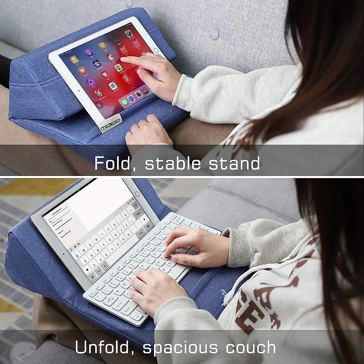 MoKo Tablet Pillow Stand, Soft Bed Pillow Holder, Fits up to 11" Pad, Fit with iPad 10th,iPad Pro 11 2022, New iPad Air 4 10.9/Air 3, iPad Pro 11/10.5/9.7, Mini 5 4, Galaxy Tab S6/ S7 11", Denim Blue