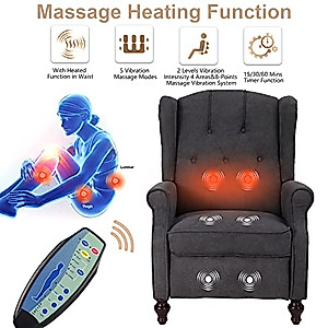 IPKIG Recliner Chair, Wingback Design Living Room Accent Chair with 6 Points Vibration Massage and Heat, Upholstered Button Tufted, Mid Century Modern Reading Chair for Bedroom, Study Room (Dark Grey)