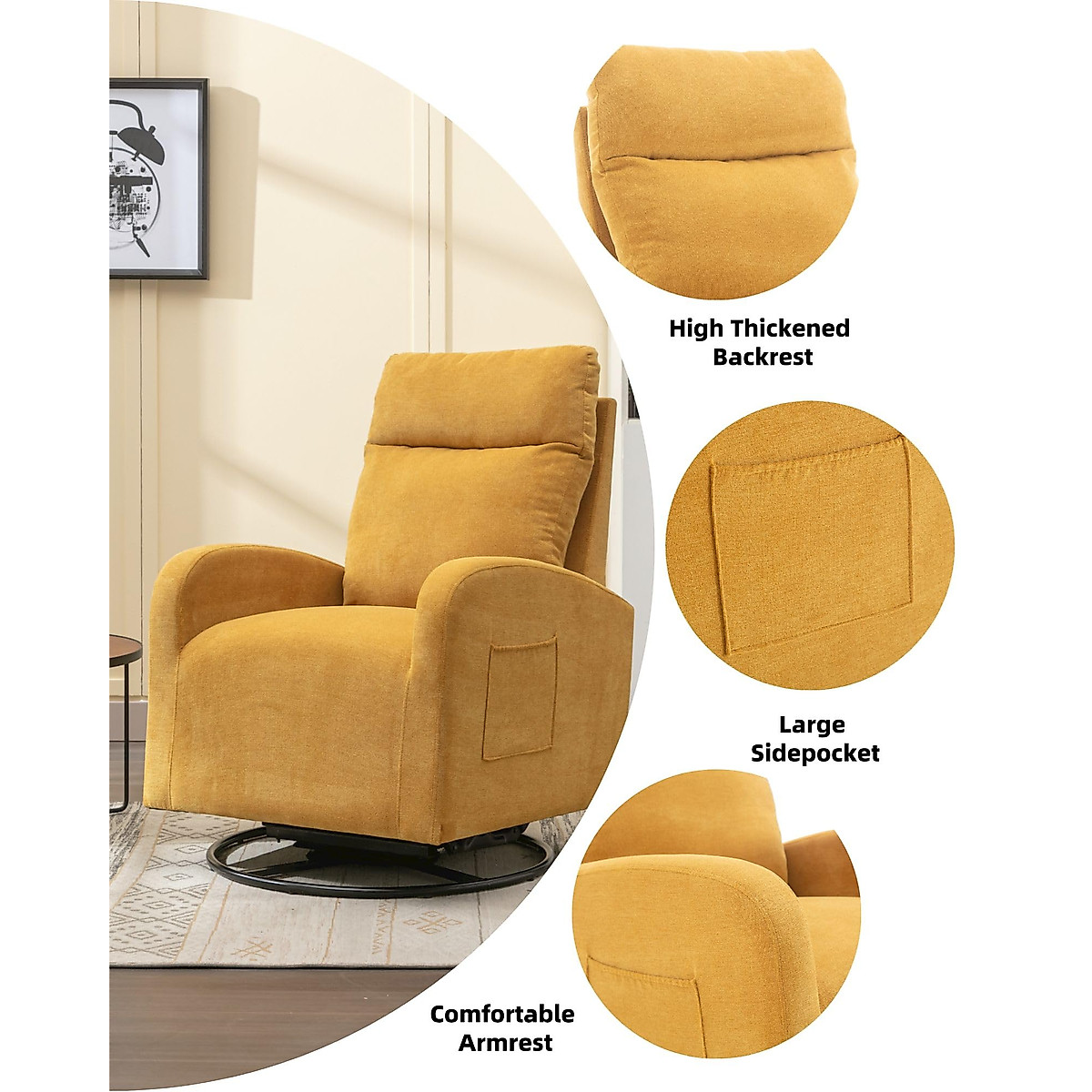 Luccalily Swivel Rocking Chair for Nursery, Upholstered Glider Nursery Chair with Breathable Fabric for Bedroom, Living Room, Yellow