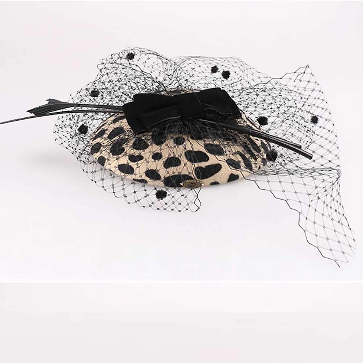 F FADVES 100% Australian Wool Pillbox Hat Black Veil Fedora Lepoard Print Fascinator