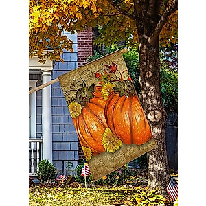 Pickako Thanksgiving Day Pumpkins Rustic Autumn Fall Harvest Flowers Leaves House Flag 28 x 40 Inch, Double Sided Large Garden Yard Welcome Flags Banners for Home Lawn Patio Outdoor Decor